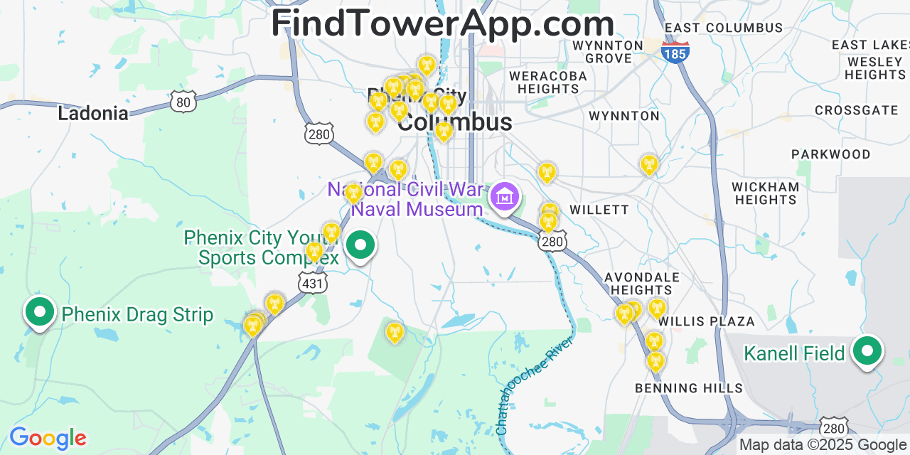 Verizon T-Mobile Cell Towers, Alabama Phenixcity - FindTower App